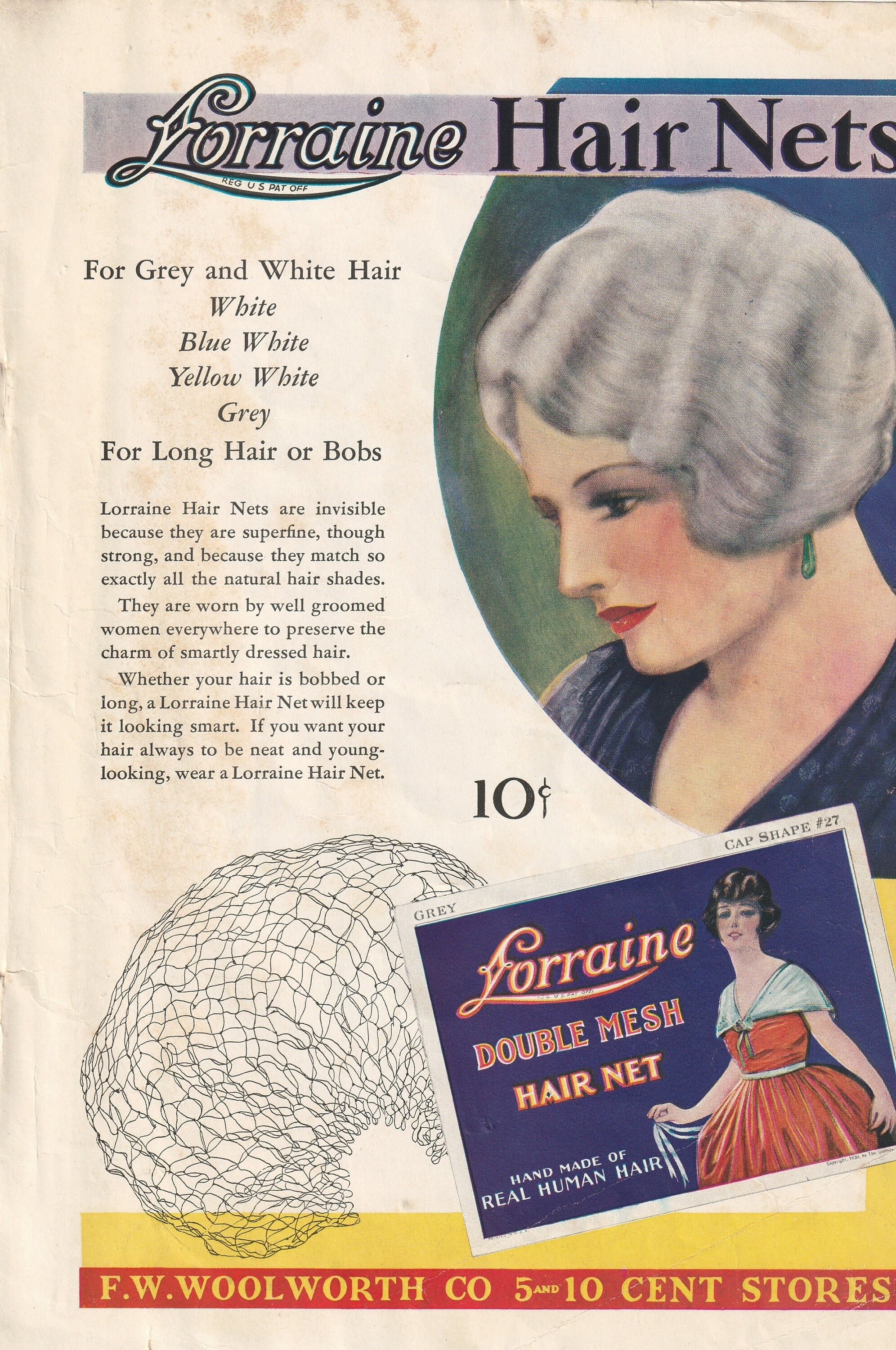 These Lorraine Hair Nets Sold for Only 10 Cents at Woolworth Stores in 1932 Color Ad Digital ...
