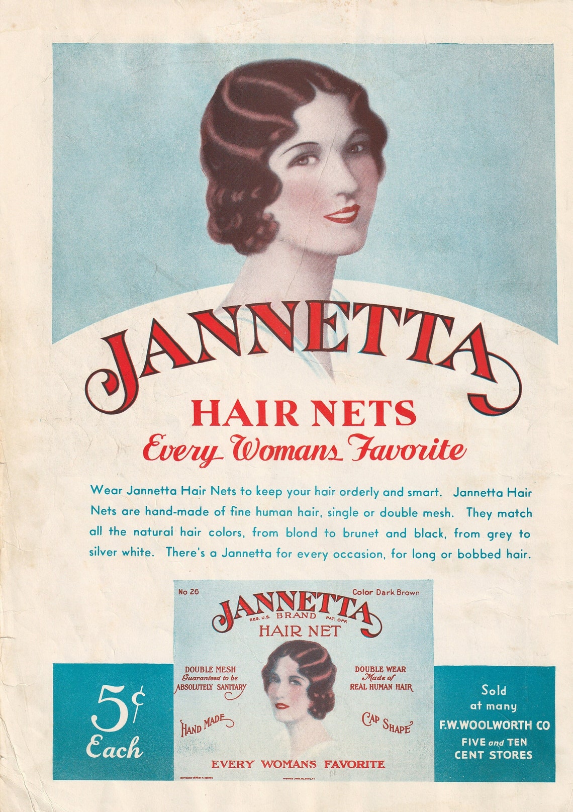 Jannetta Hair Net Ad Print (1932) - Vintage Woolworth Decor (digital ...