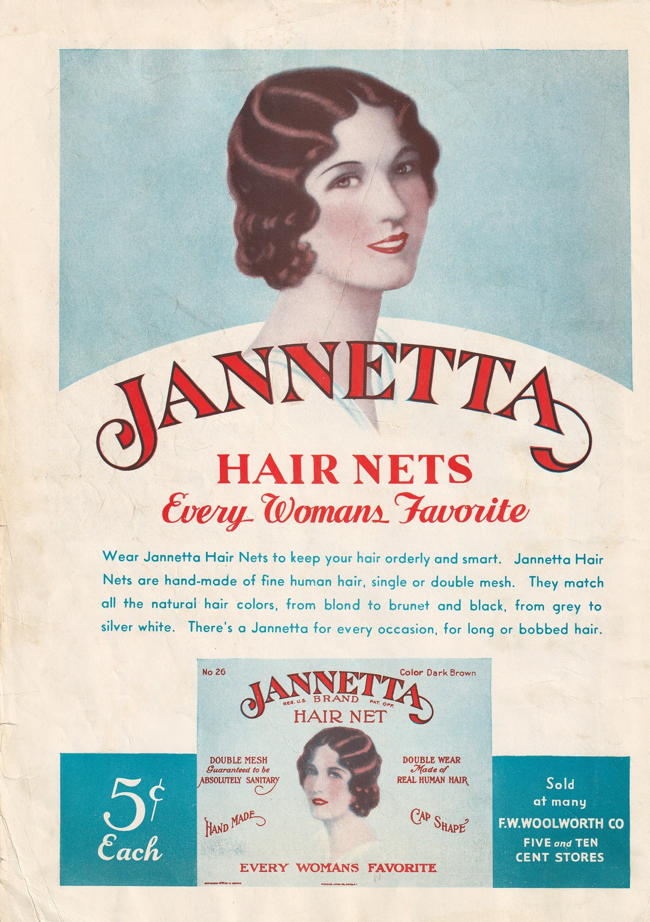Jannetta Hair Net Ad Print (1932) - Vintage Woolworth Decor (digital ...