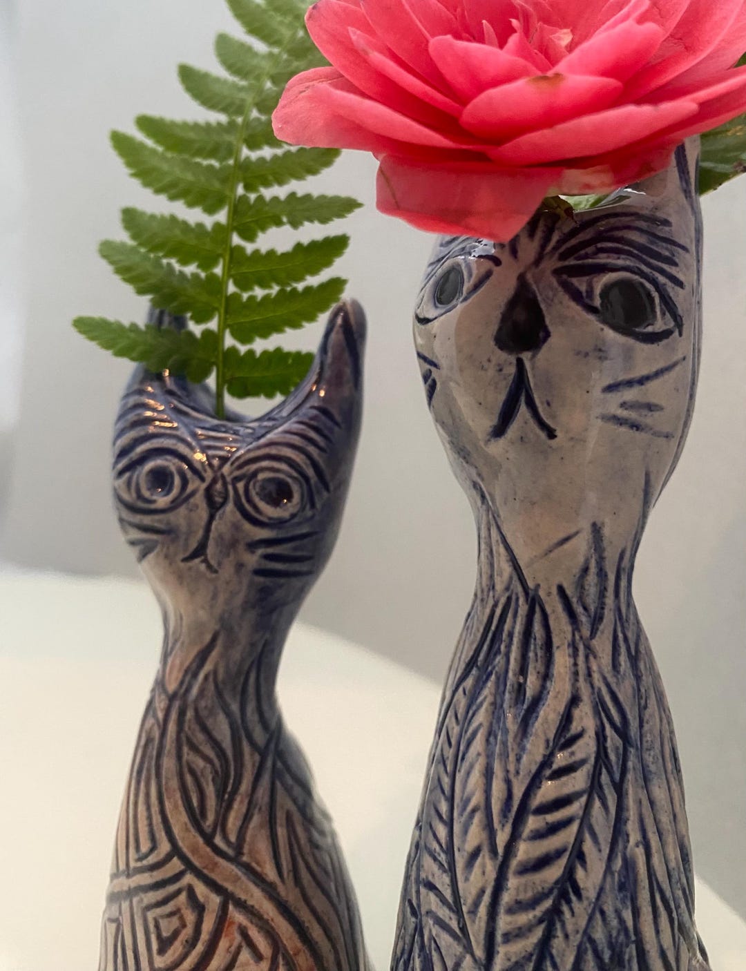 Whimsical Blue Ceramic Cat Sculpture – Hand-carved Stoneware Vase or ...