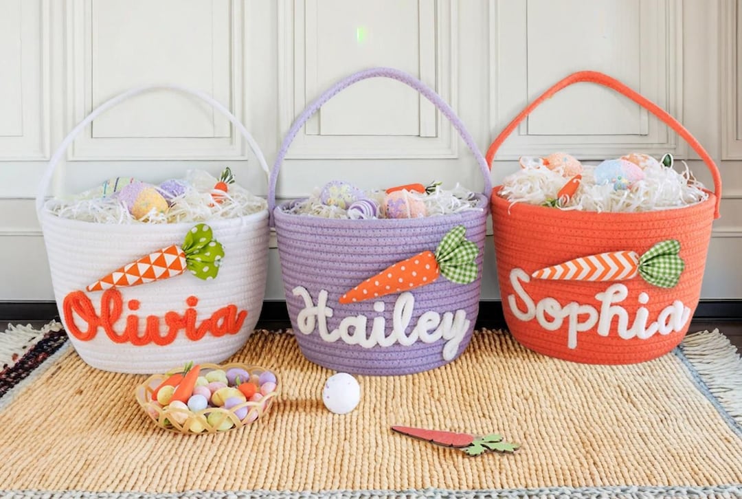 Personalized Easter Basket With Kids Name ,custom Bunny Carrot Rope ...