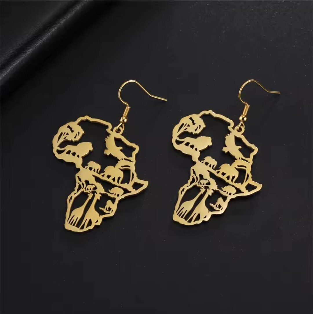 Gold African Map Earrings, Silver Heart Africa Dangle, Nature in the ...