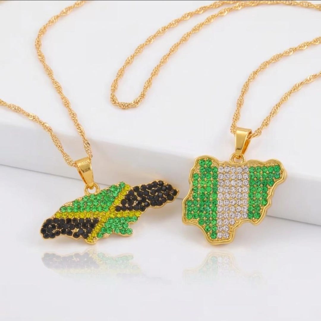 Gold Nigeria Jamaica Map Necklace, Crystal Jamaican Chain, Studs ...