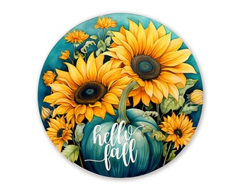 Round Metal Sublimated Wreath Sign, Hello Fall Teal and Orange Wreath ...