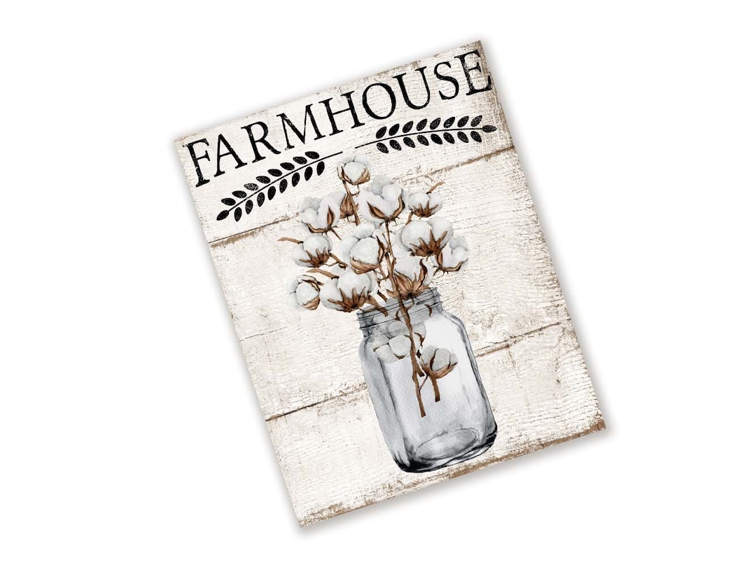 Farmhouse Cotton Blossom Sign Cotton Stem Mason Jar on Wood Background ...