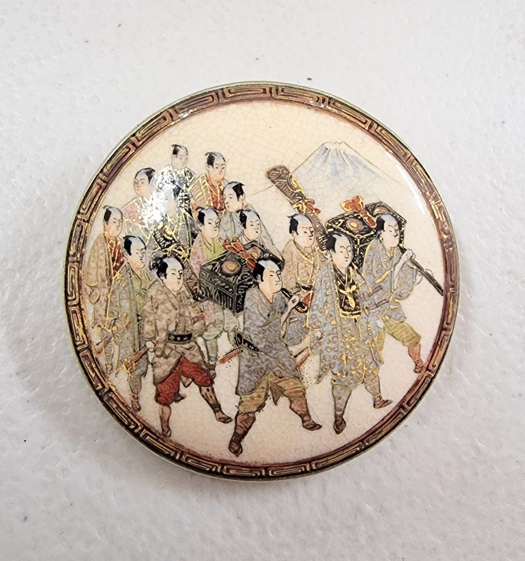 Japanese Meiji Period Satsuma Brooch of a Procession or Guards. KIR/276 ...