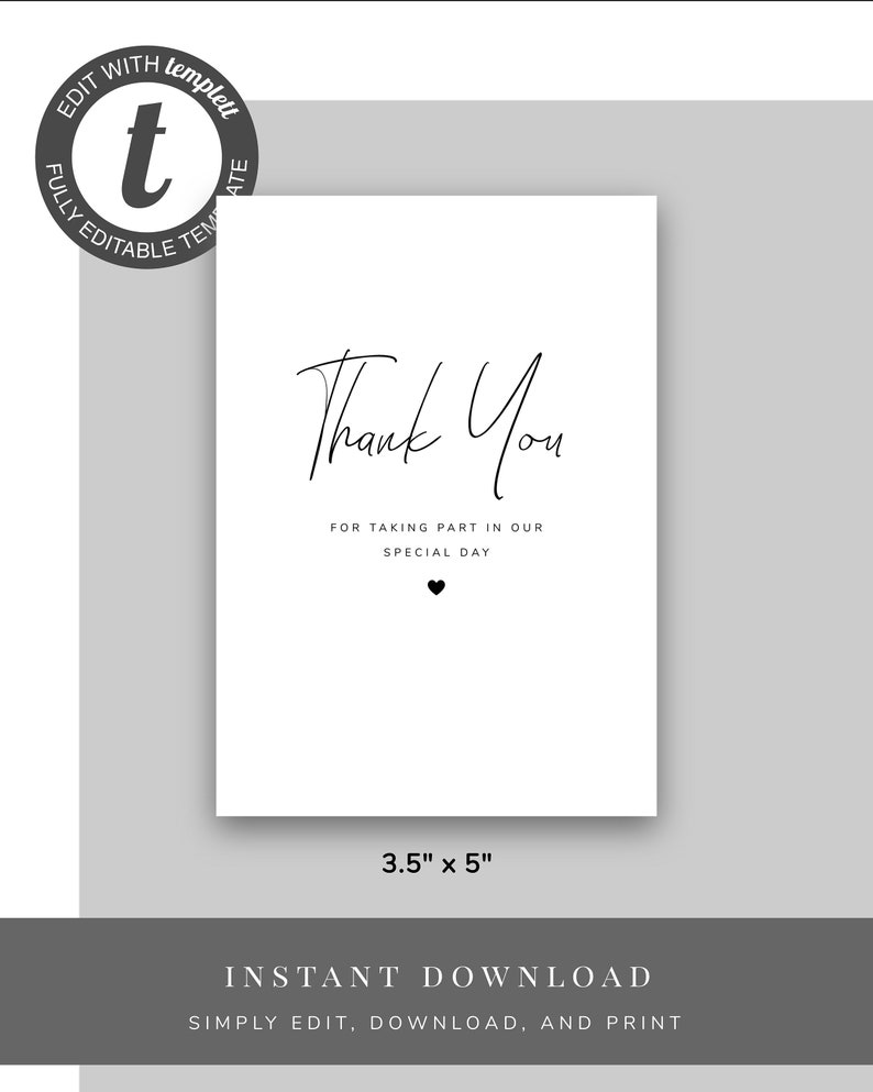 Modern Cursive Thank You Card Template Wedding Card Editable Etsy