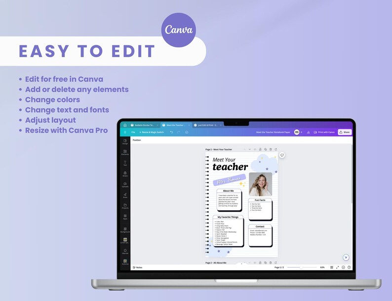 Meet the Teacher Classroom Template, Printable Canva Teacher Introduction, Notebook and Starts ...