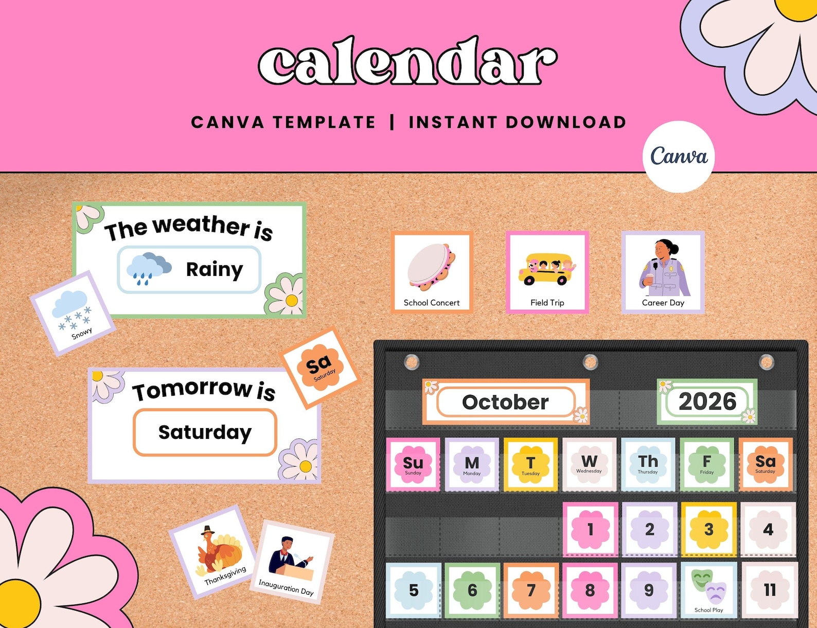 Classroom Calendar Display and Weather Station, Printable Bright Floral ...