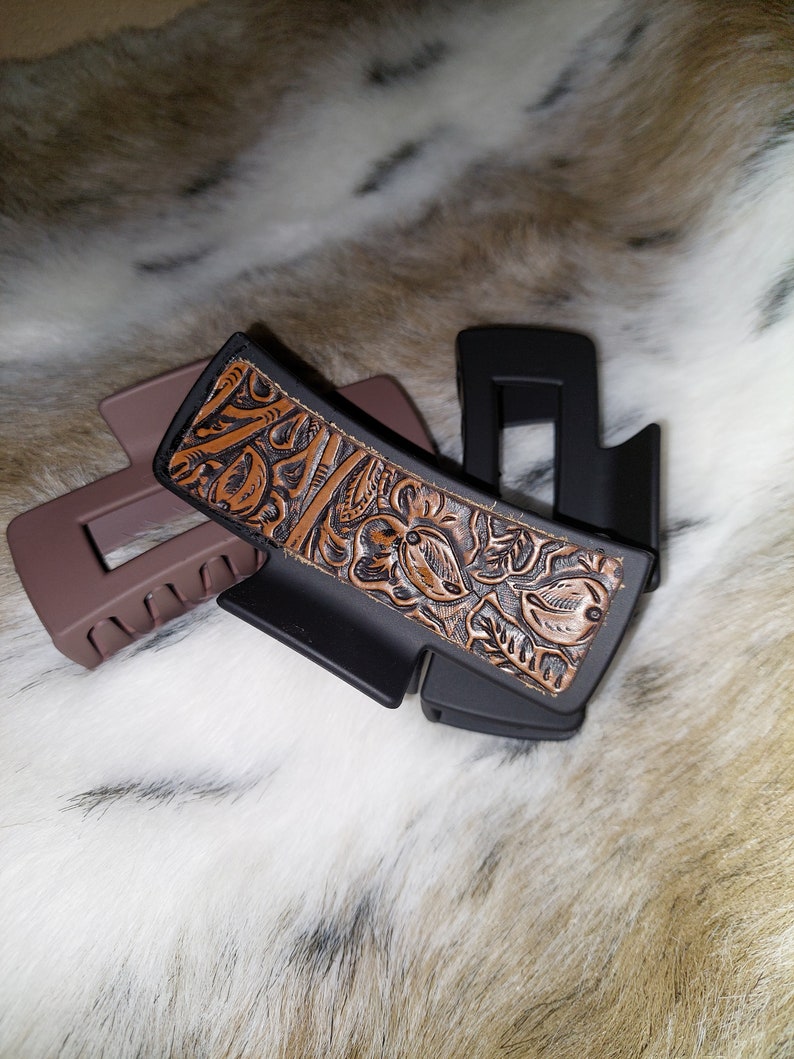 WESTERN BROWN and Black Real Embossed Leather Hair Clip / Claw - Etsy