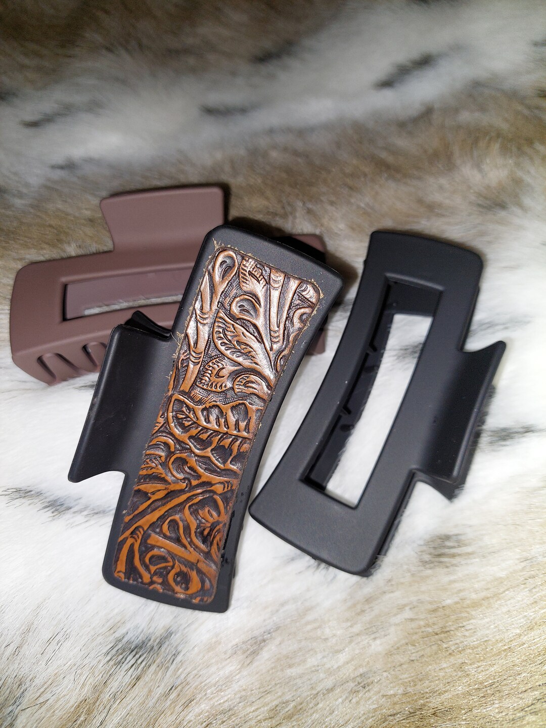 WESTERN BROWN and Black Real Embossed Leather Hair Clip / Claw - Etsy