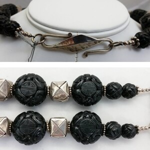 Handmade Thailand Sterling Silver Pendant Necklace W/ Carved Jet Beads ...
