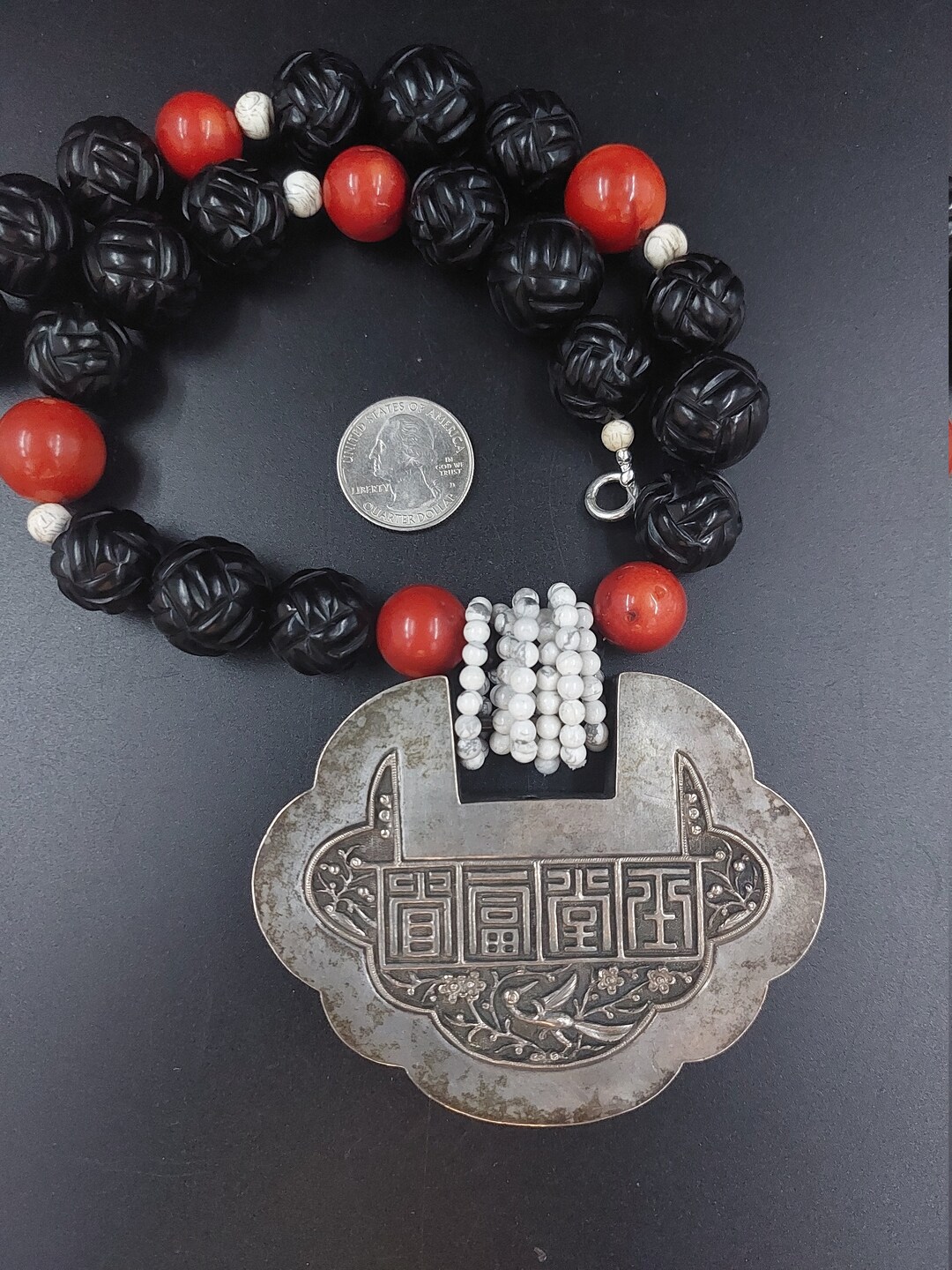 Antique Chinese Silver Repousse Ching Dynasty Lock Pendant Necklace W ...