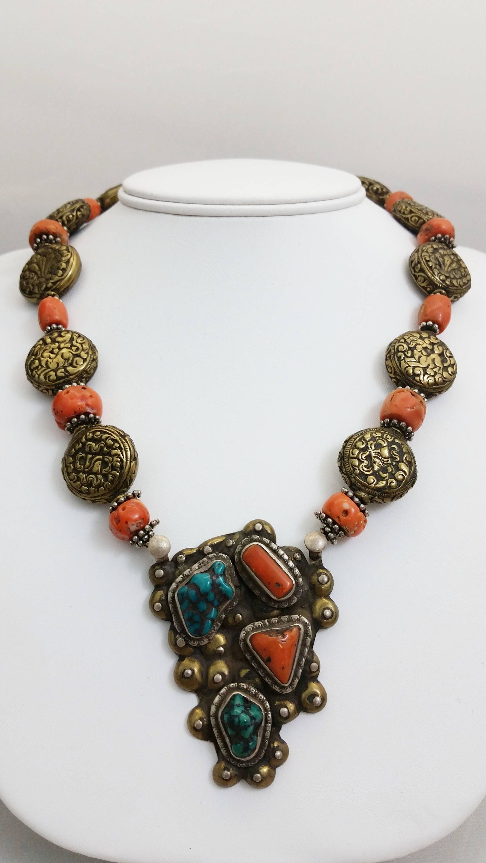 Handmade Silver Tibetan Pendant Necklace W/ Turquoise, Coral & Brass ...