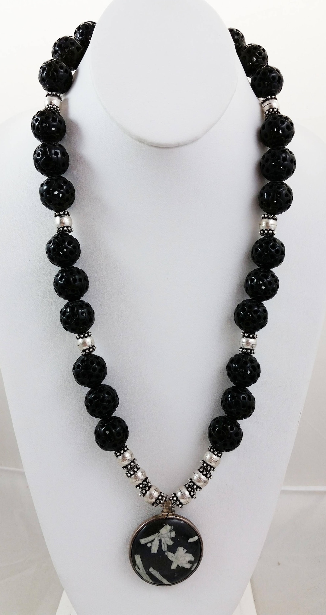 Chinese Writing Stone Round Pendant Necklace W/ Carved Round Black ...