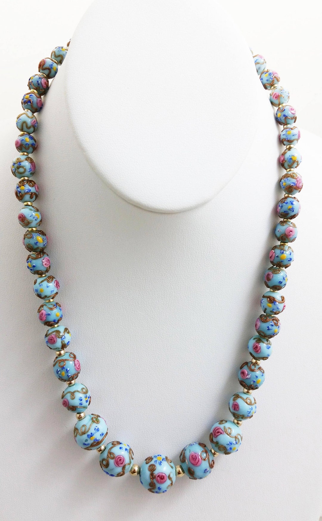 Custom Antique Venetian Blue Fancy Bead Necklace W/ 14 Karat Gold Beads ...