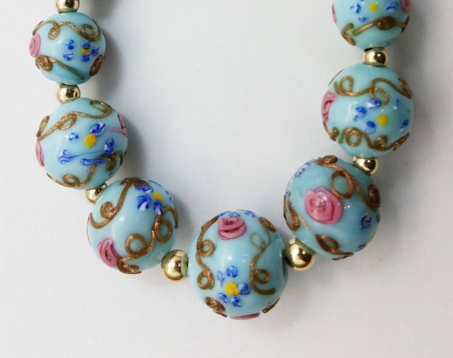 Custom Antique Venetian Blue Fancy Bead Necklace W/ 14 Karat Gold Beads ...
