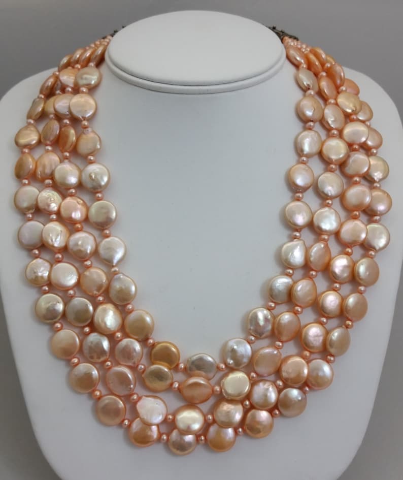 Handmade Freshwater Pearl Bead Necklace W Coin Shaped And Etsy