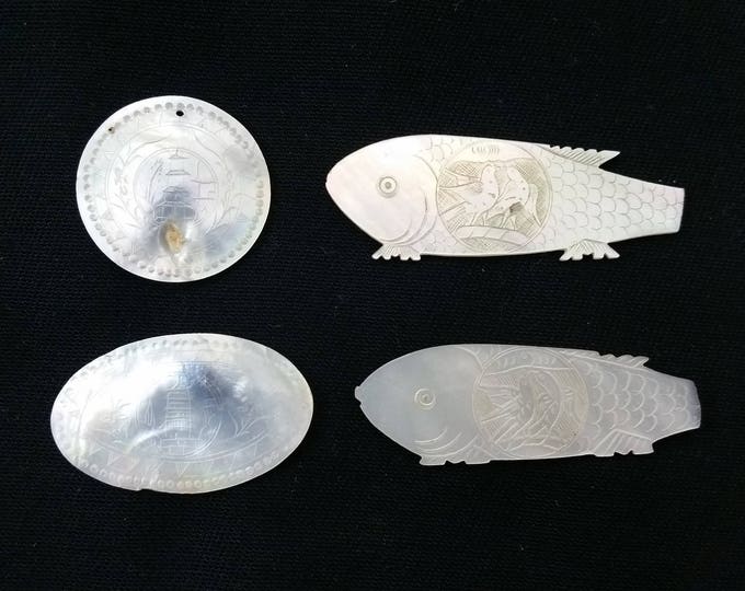 X4 Antique Chinese Carved Mother-of-pearl Fish & Round Style Gaming ...