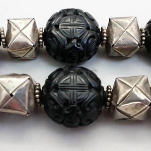 Handmade Thailand Sterling Silver Pendant Necklace W/ Carved Jet Beads ...