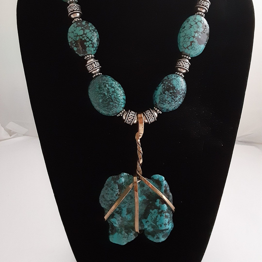Vintage Large Turquoise Stone Wire Wrap Pendant Necklace W/turquoise ...