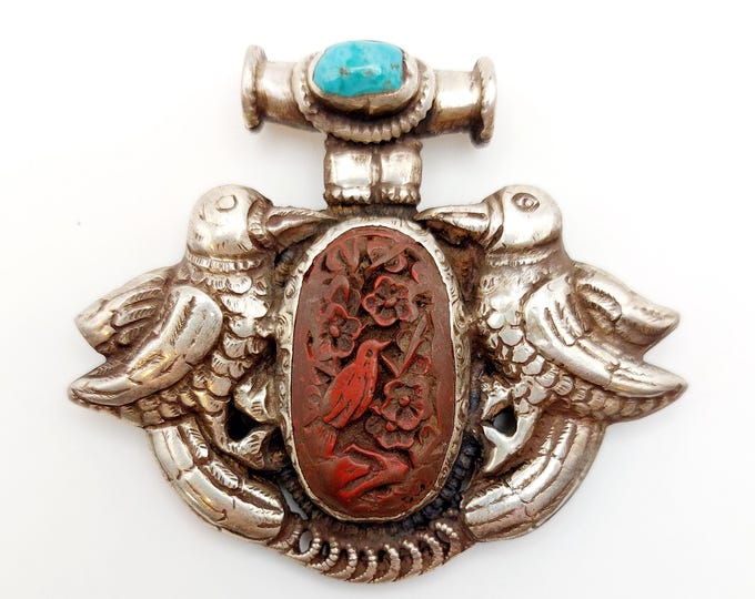 Vintage Hindu Garuda Auspice Birds Silver Necklace Pendant W Turquoise ...