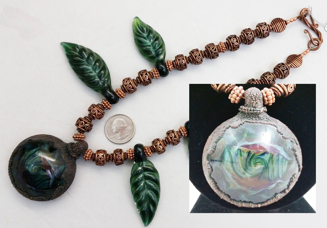 Handmade Artisan Glass Amulet Pendant Necklace W/ Copper Beads | Etsy