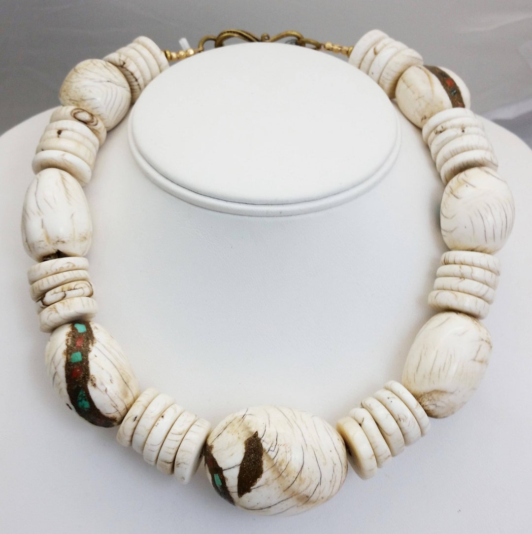 Handmade Tibetan Fossilized Sacred Chank Shell Bead Necklace W/ Gak ...