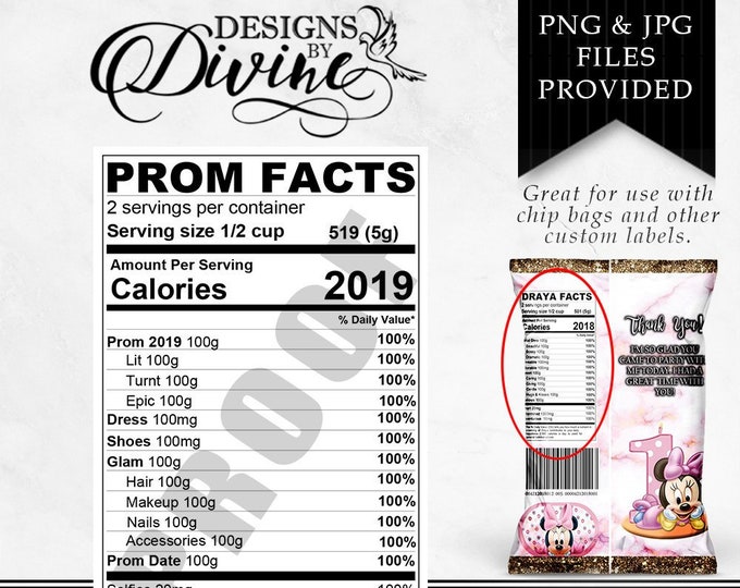 Prom Nutrition Facts Label Female Custom Label Chip Bag | Etsy