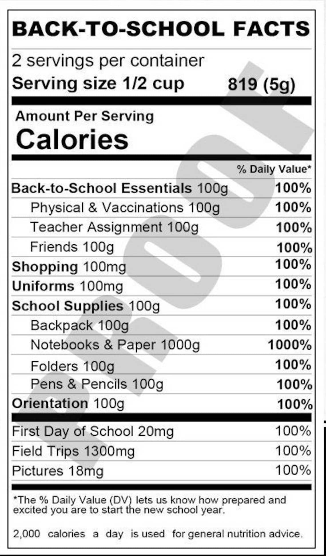 Back-to-school Nutrition Facts Label - Custom Label - Chip Bag - Water ...
