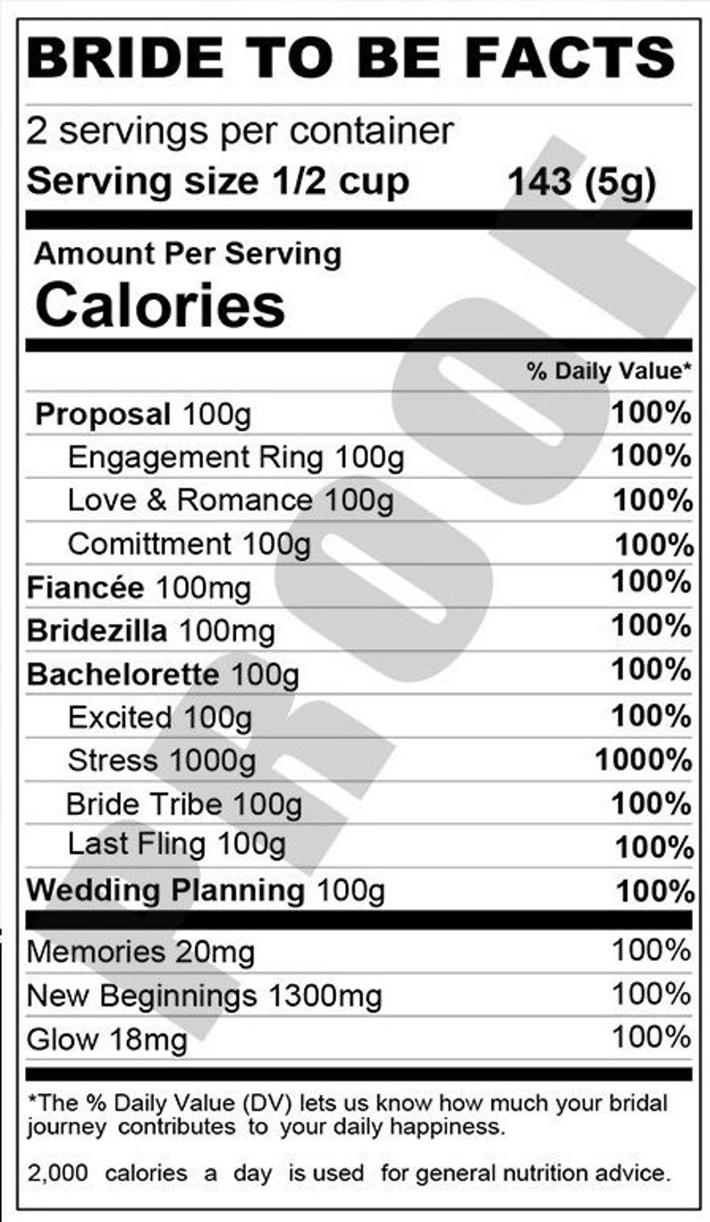 Bride-to-be Nutrition Facts Label - Custom Label - Chip Bag - Water ...