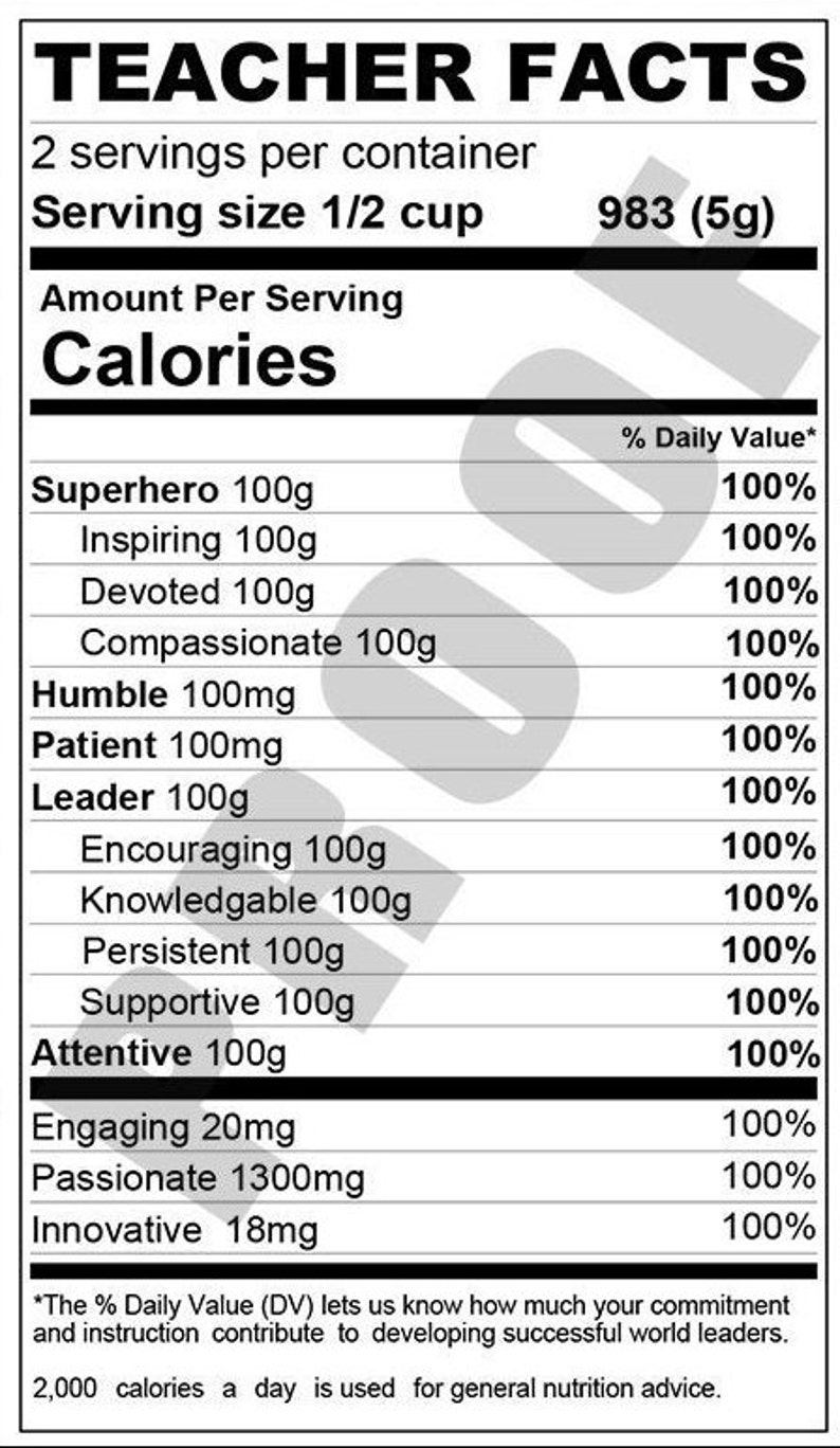 Teacher Nutrition Facts Label - Custom Label - Chip Bag - Water Bottle ...