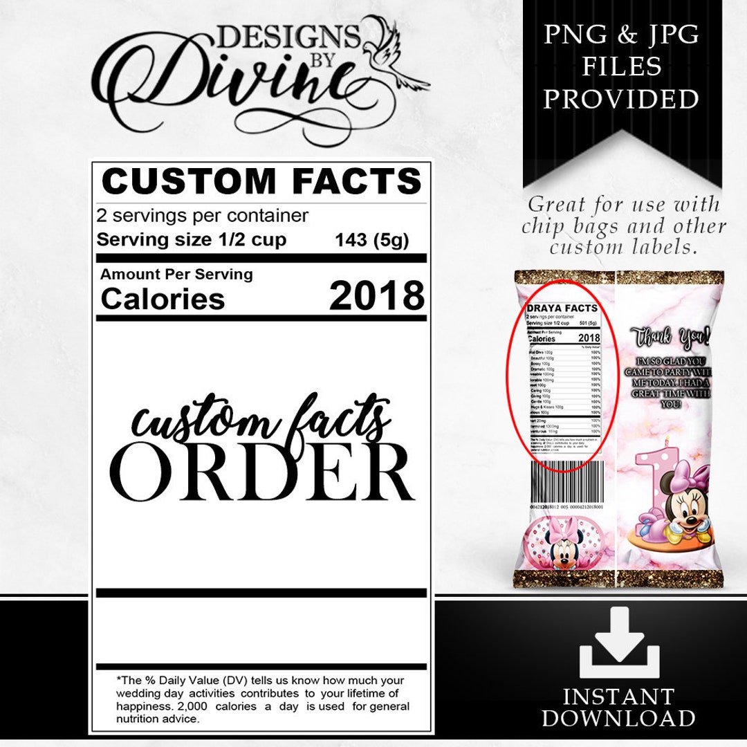 Custom Nutrition Facts Label - Custom Label - Chip Bag - Water Bottle ...