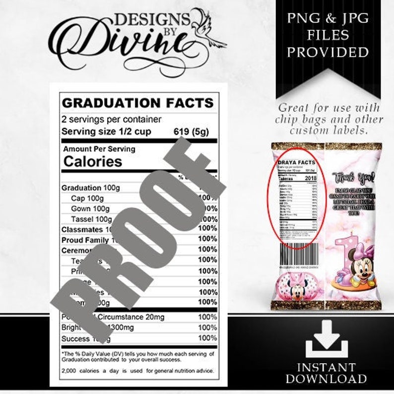 Graduation Nutrition Facts Label - Custom Label - Chip Bag - Water ...
