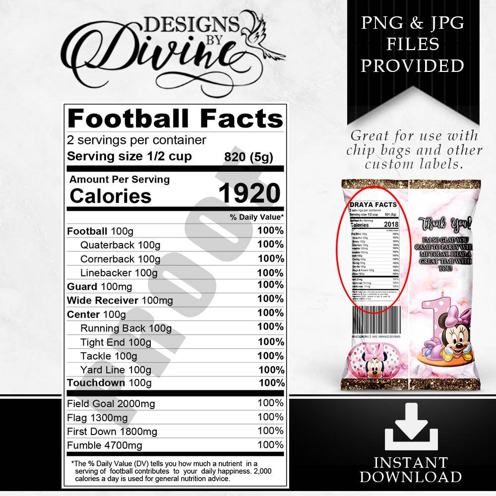 Football Nutrition Facts Label - Custom Label - Chip Bag - Game Time ...
