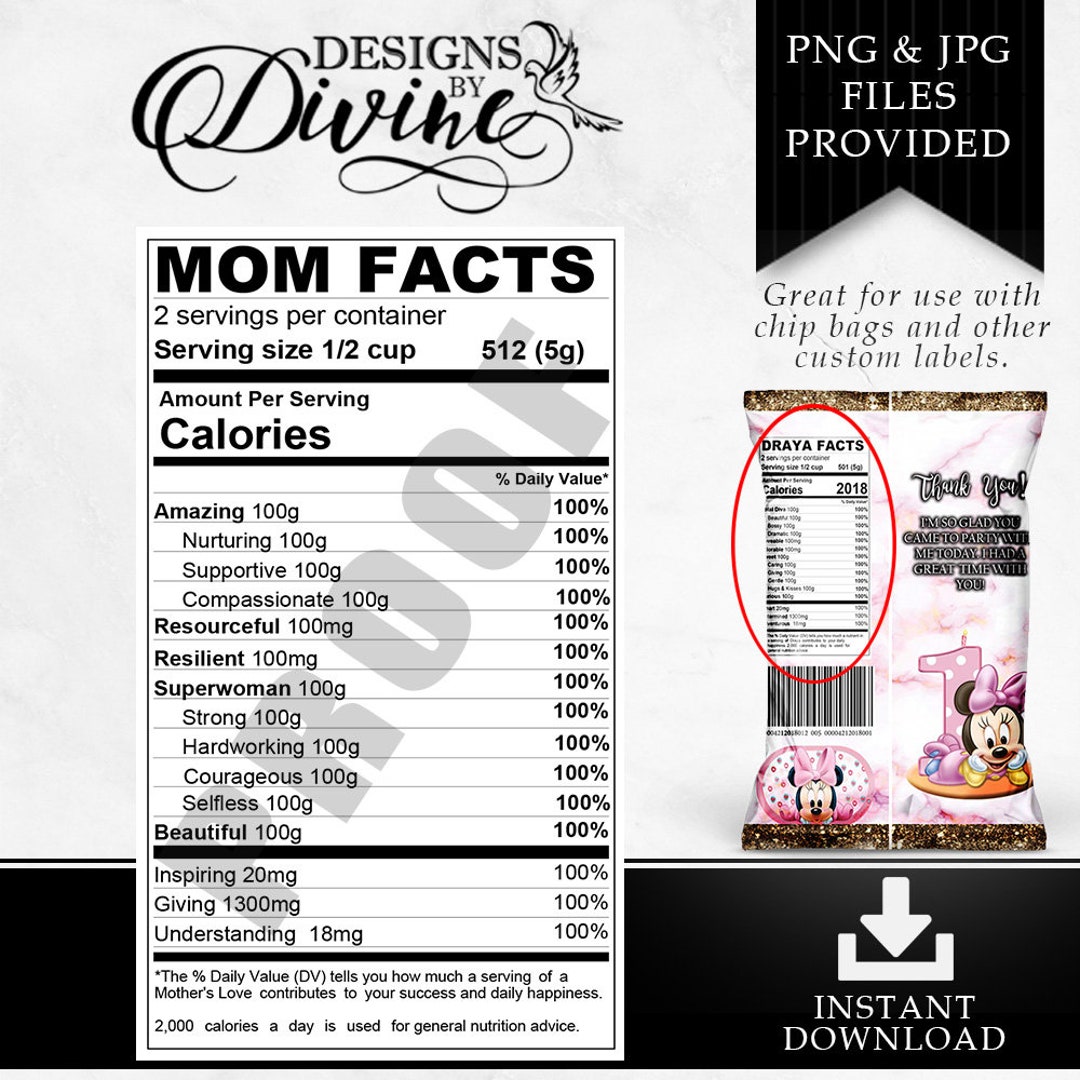 Mom Nutritional Facts Label - Custom Label - Chip Bags - Water Bottle ...