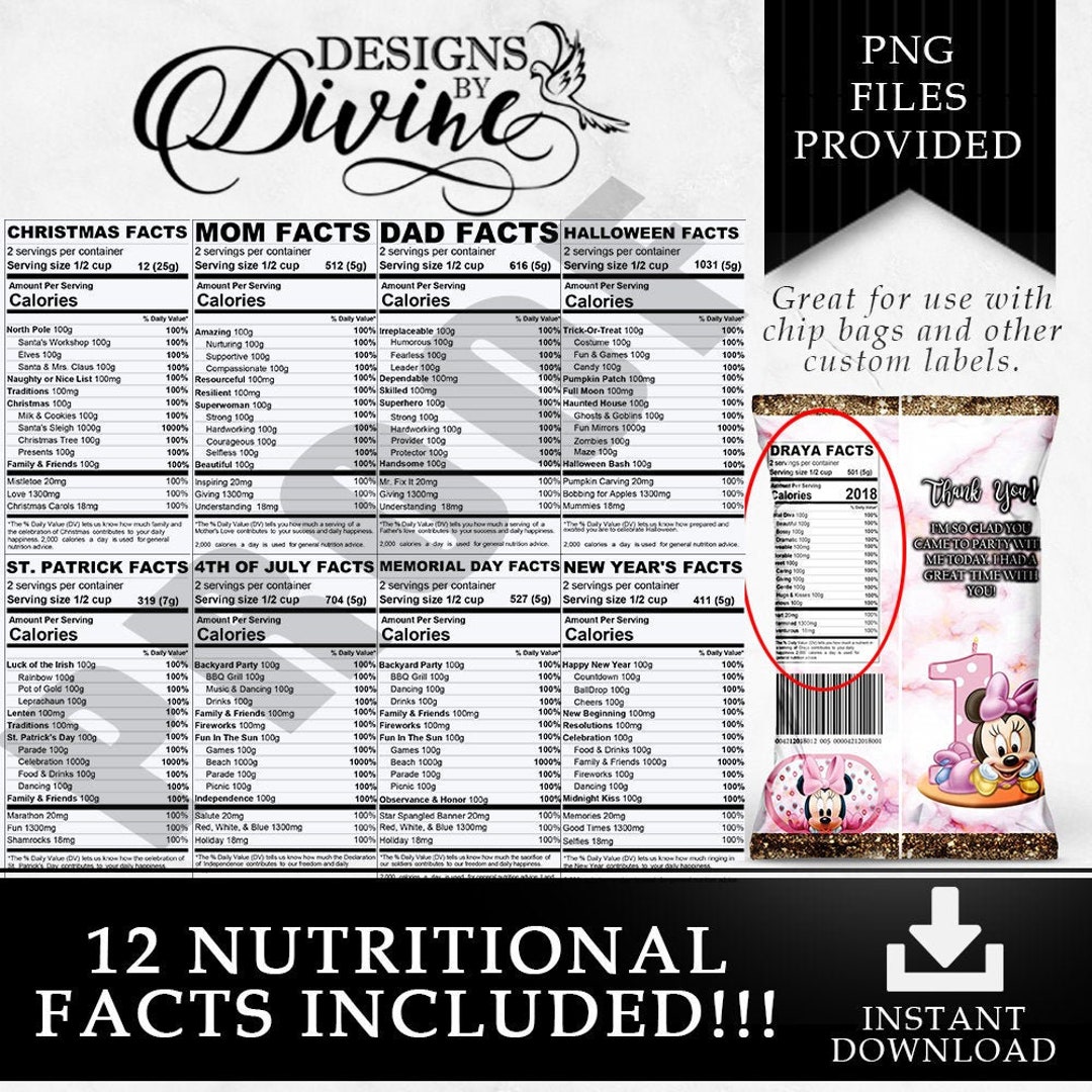 12 Nutrition Facts Labels Holiday Bundle Deal - Custom Label - Chip Bag ...