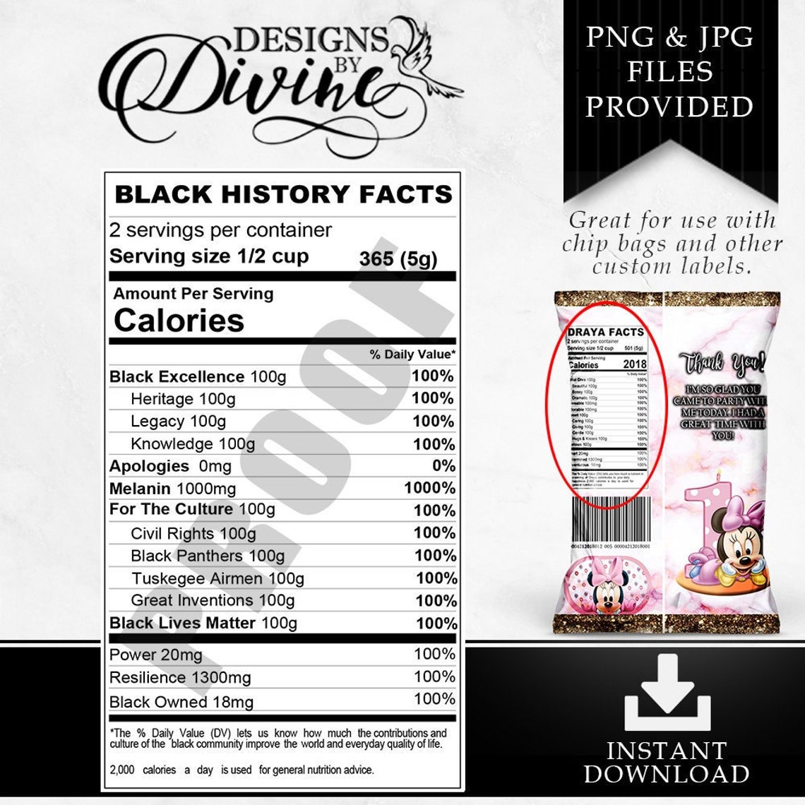Black History Nutrition Facts Label - Custom Label - Chip Bag - Water ...