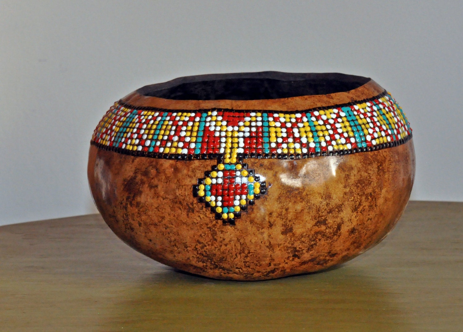 Decorative Bowl, Gourd Bowl, Natural Gourd Bowl, Beaded Design, Native ...