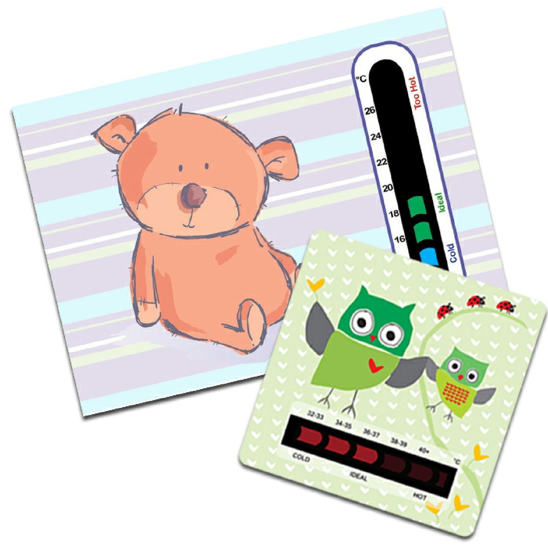 Bear Nursery Room Thermometer Card and Owl Bath Thermometer Card Pack ...