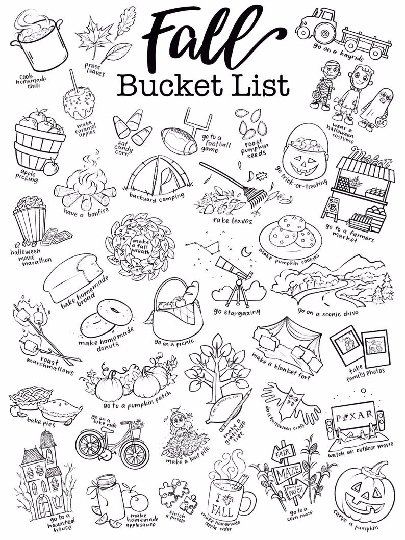 DIGITAL DOWNLOAD - Giant Fall Bucket List Coloring Page, Huge Printable ...