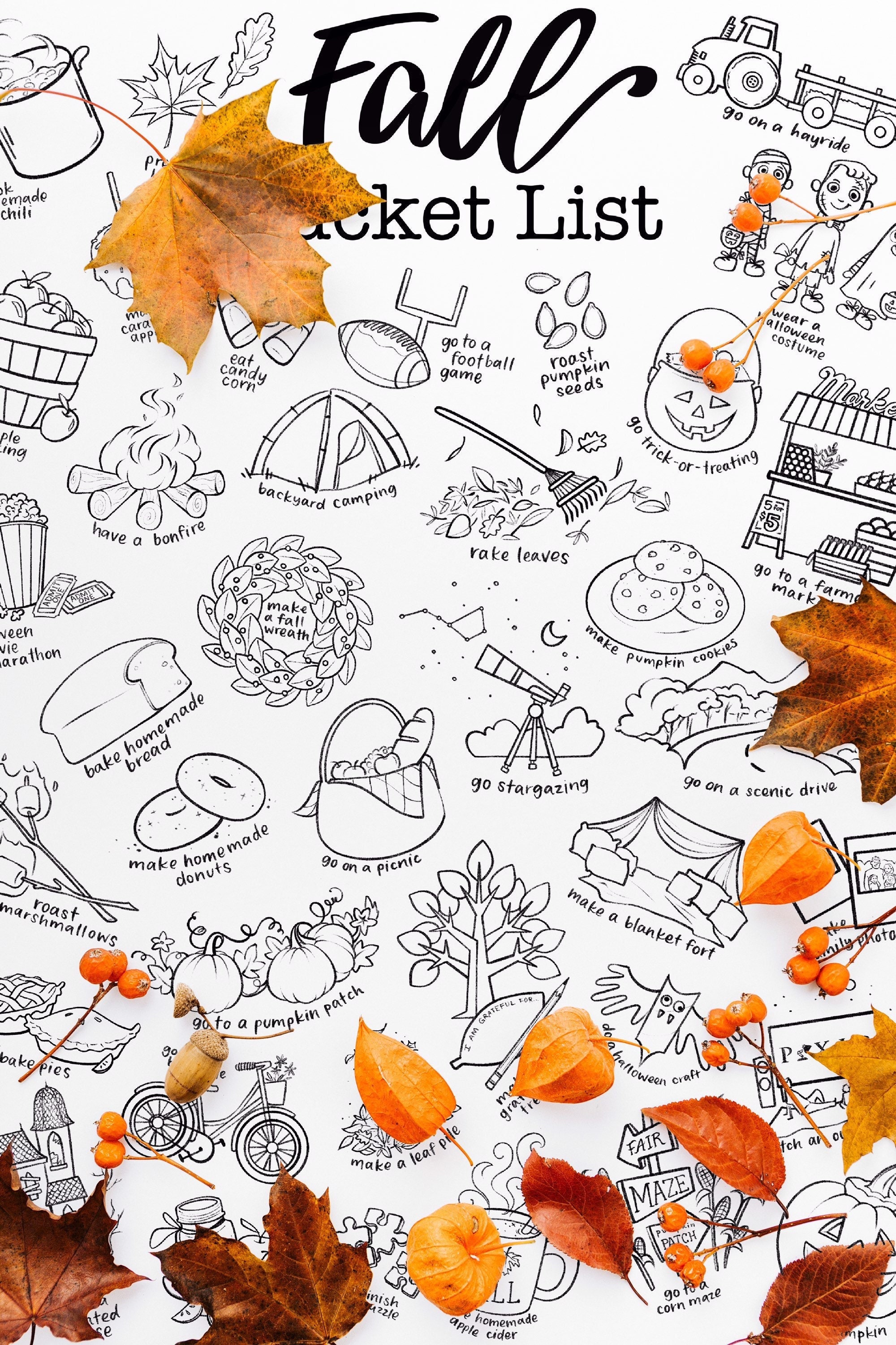 DIGITAL DOWNLOAD - Giant Fall Bucket List Coloring Page, Huge Printable ...
