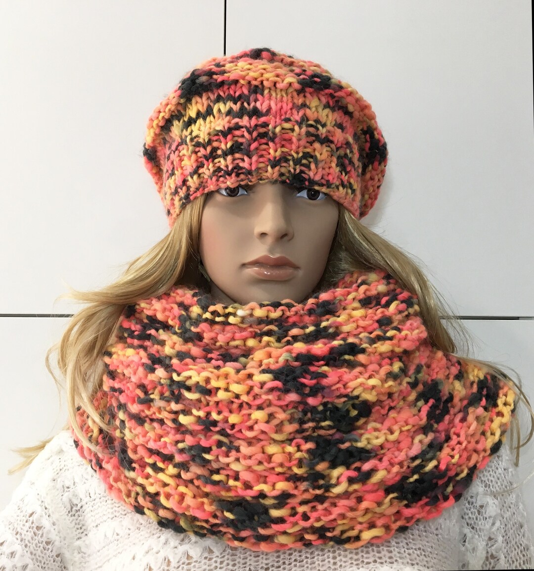 Hand Knit Triple Twist Infinity Scarf and Hat Set, Beanie and Cowl Set ...