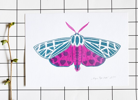Virgin Tiger Moth Screenprint Teal / Pink Metallic | Etsy