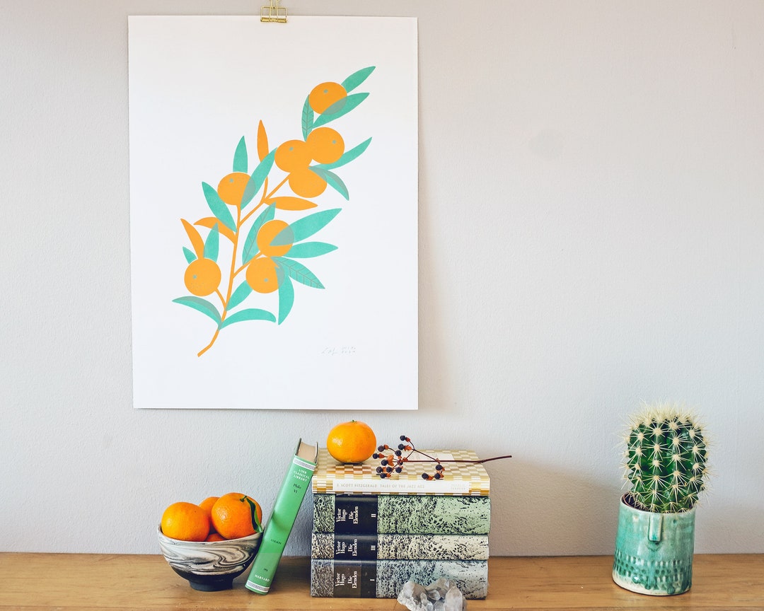 Large Tangerine Branch Screenprint Orange / Mint Green - Etsy UK