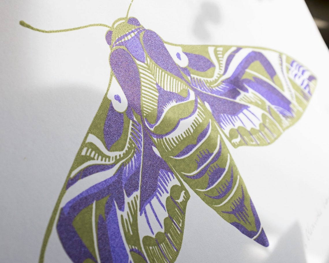 Oleander Hawk Moth Screenprint Green / Purple Metallic - Etsy