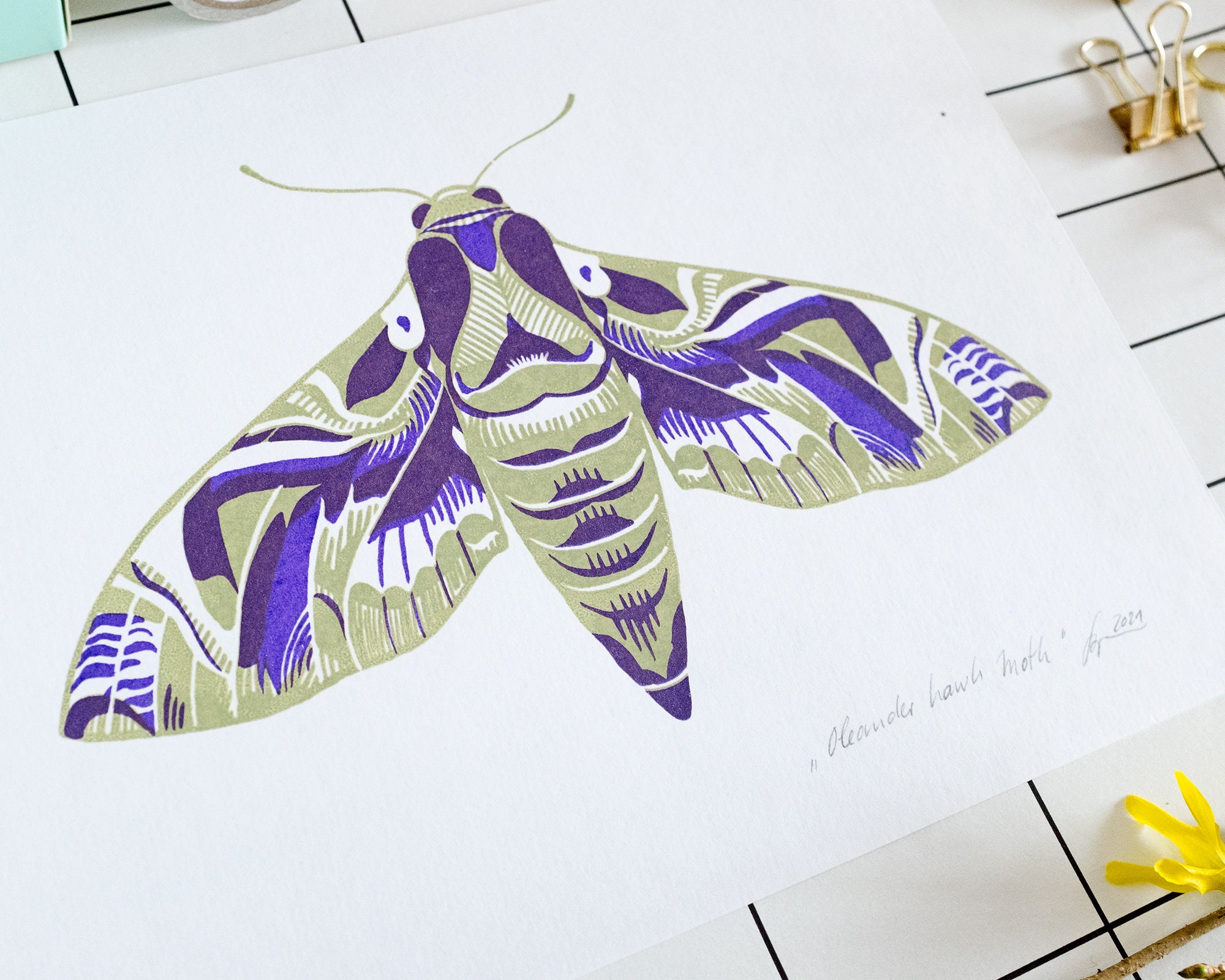 Oleander Hawk Moth Screenprint Green / Purple Metallic - Etsy