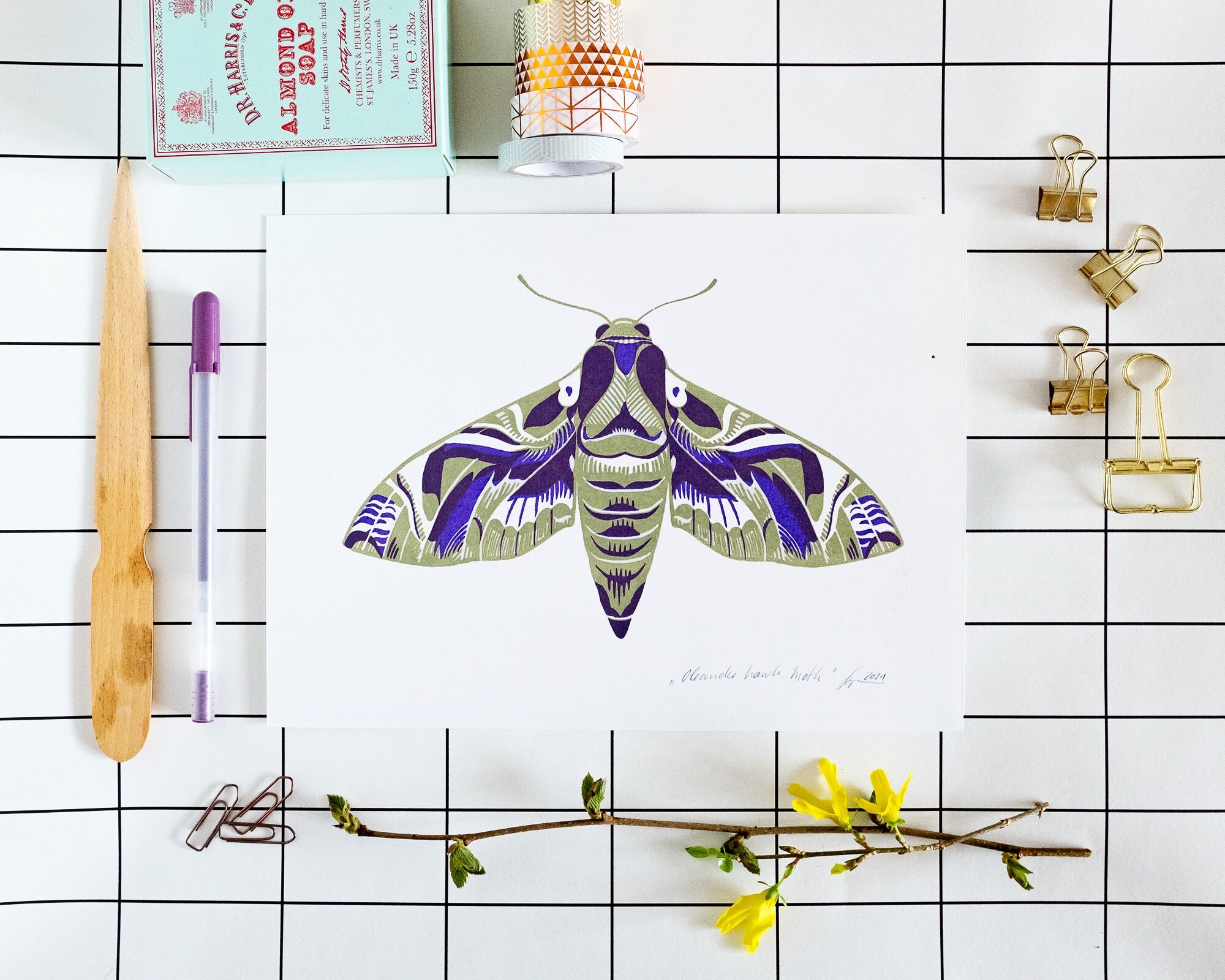 Oleander Hawk Moth Screenprint Green / Purple Metallic - Etsy