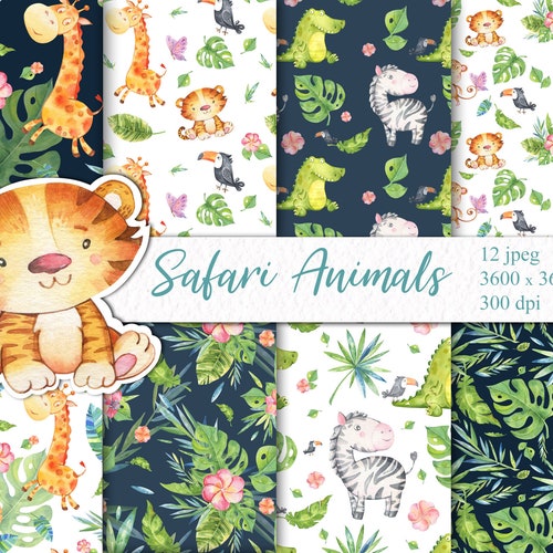 Watercolor Safari Baby Animals Digital Papers Fabric Seamless | Etsy