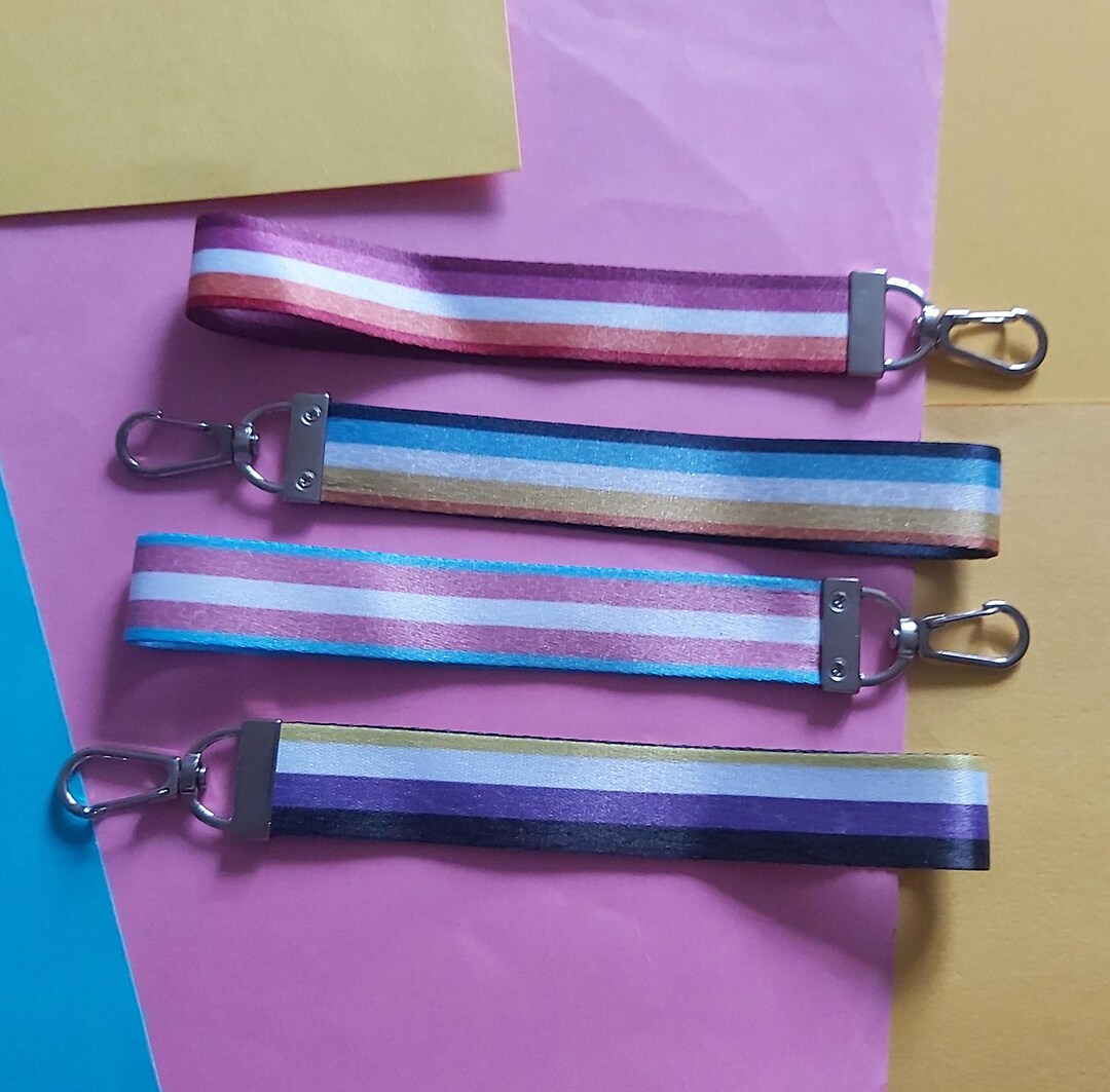 Trans Lesbian Aro Ace Non-binary Pride Flag Cotton Fabric Keychain Lanyard With A Silver Lobster ...